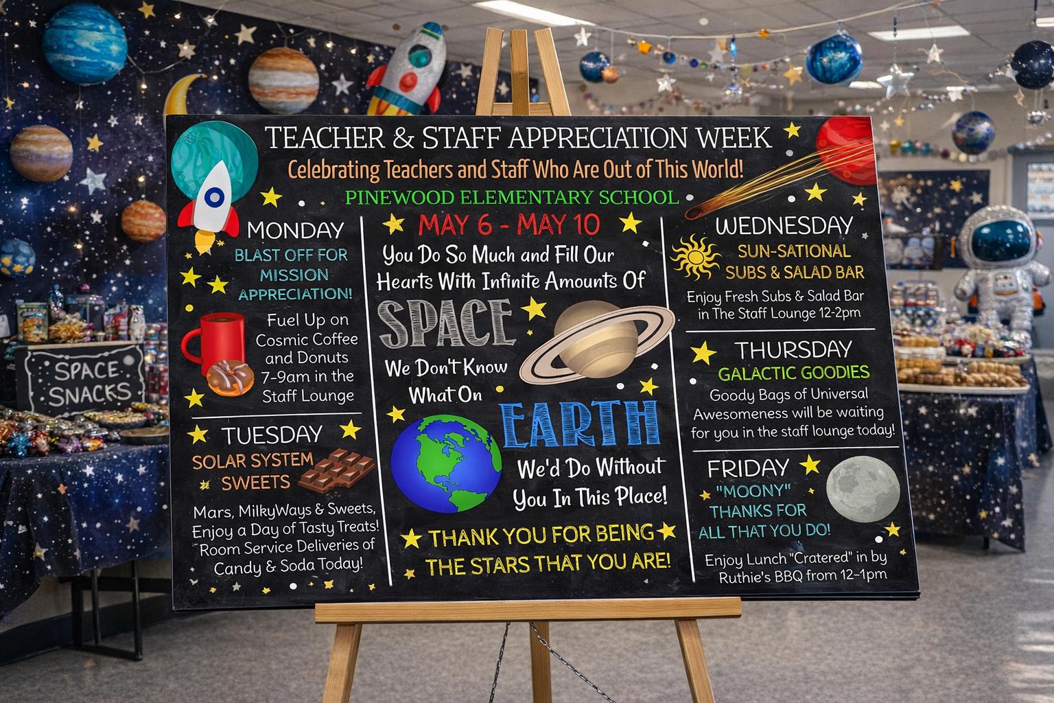 Space Theme Teacher Appreciation Week Itinerary Poster, Employee Staff ...