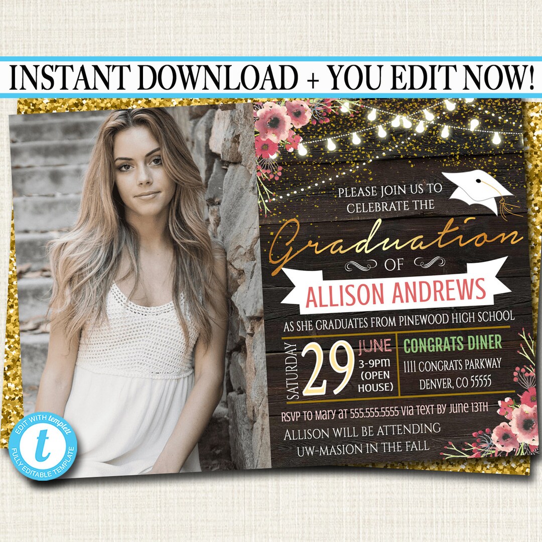 Editable Graduation Invitation Rustic Barn Wood Printable Floral ...