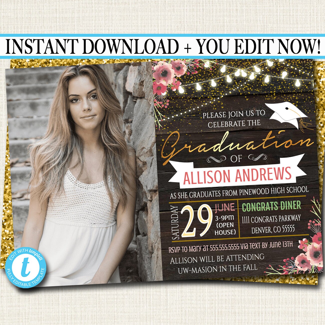 Rustic Floral Graduation Invitation With Photo (digital Download) - Etsy