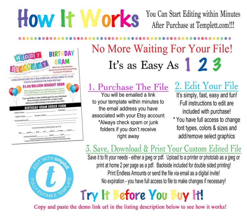 EDITABLE Birthday Gram Flyer School Fundraiser Template | Etsy