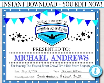 EDITABLE Swim Team Award Certificates, Swimming Awards, Printable Award ...