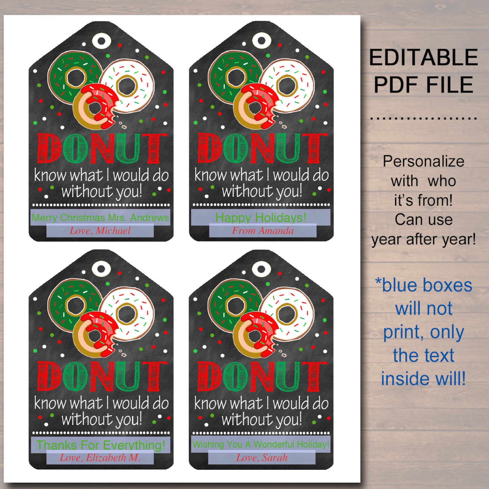 EDITABLE Donut Gift Tags Christmas Teacher Volunteer Nanny - Etsy
