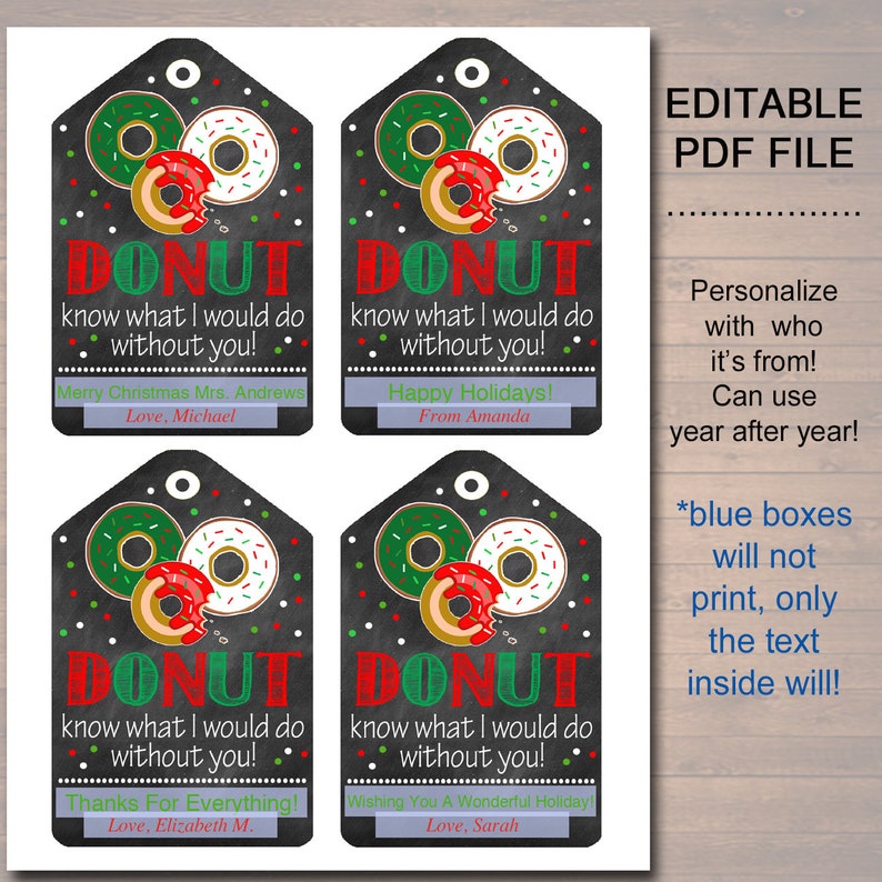 Editable Donut Gift Tags: Christmas Teacher, Nanny, Volunteer (instant ...