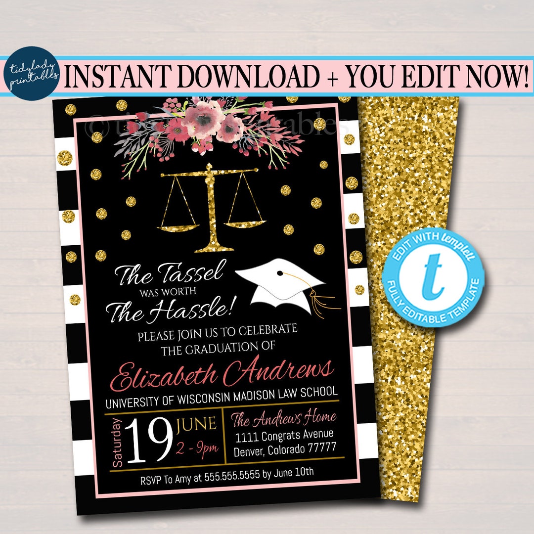 Editable Law School Graduation Invitation Floral Printable, Female ...