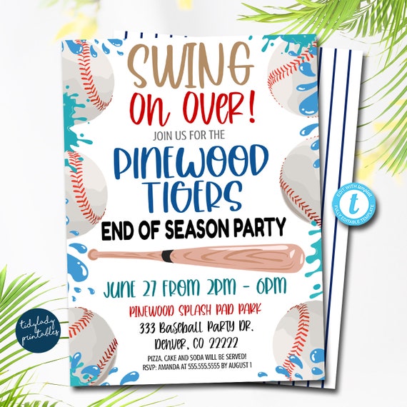 Baseball Invitation, End of Season, Swing on Over, Editable baseball ...