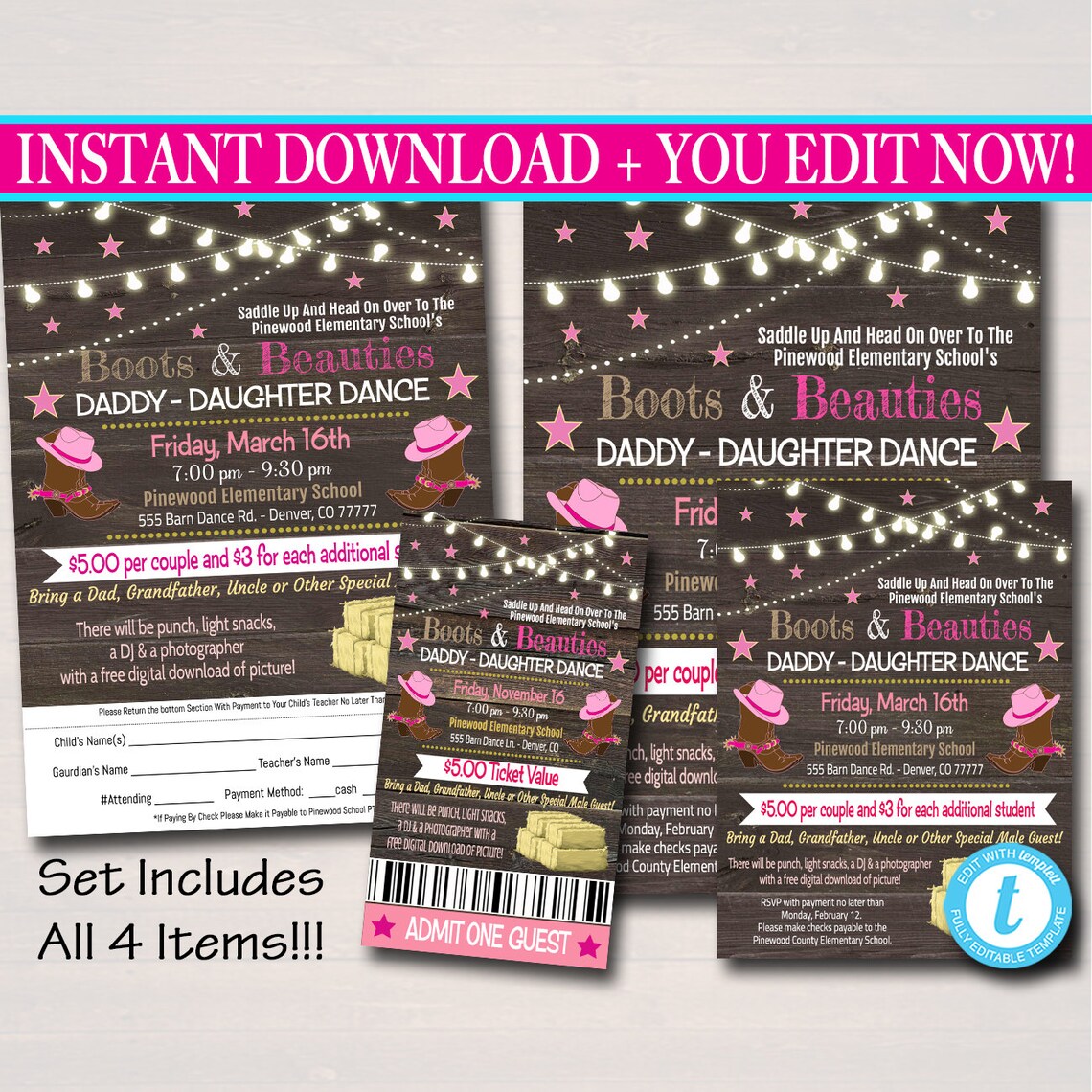 EDITABLE Daddy Daughter Barn Dance Set School Dance Flyer - Etsy