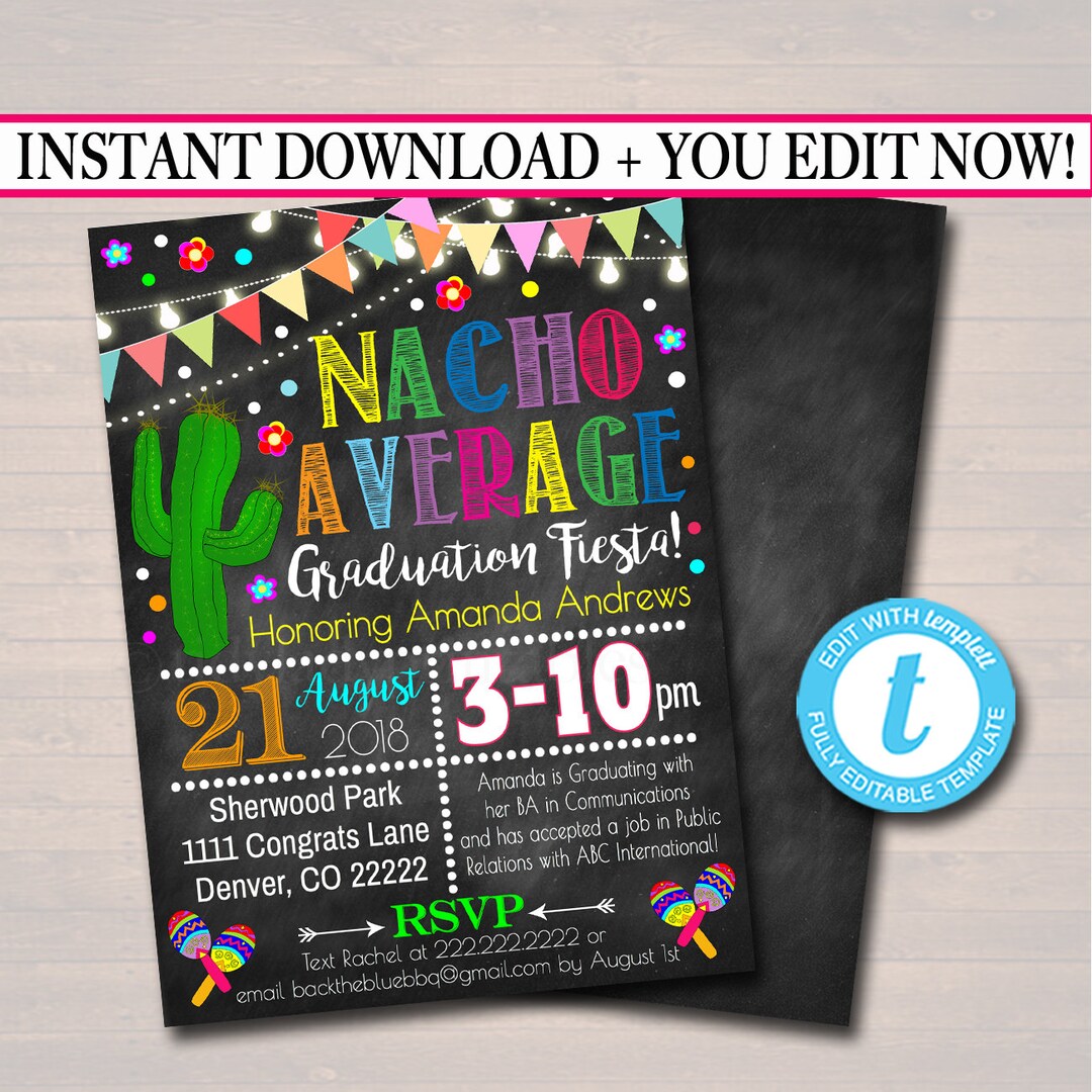 Editable Fiesta Nacho Average Graduation Invitation, Chalkboard ...