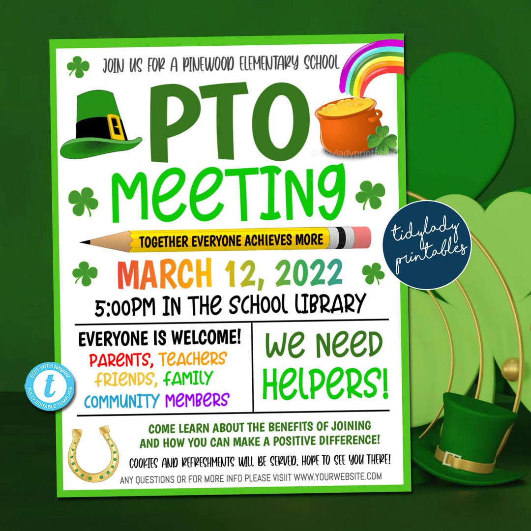 St. Patrick's Day PTO PTA Meeting Informational Flyer, March Printable ...