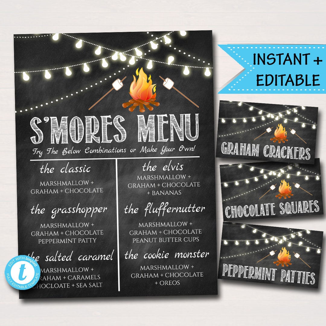 Editable S'mores Menu & Food Labels: Bonfire Party Decor (digital File ...