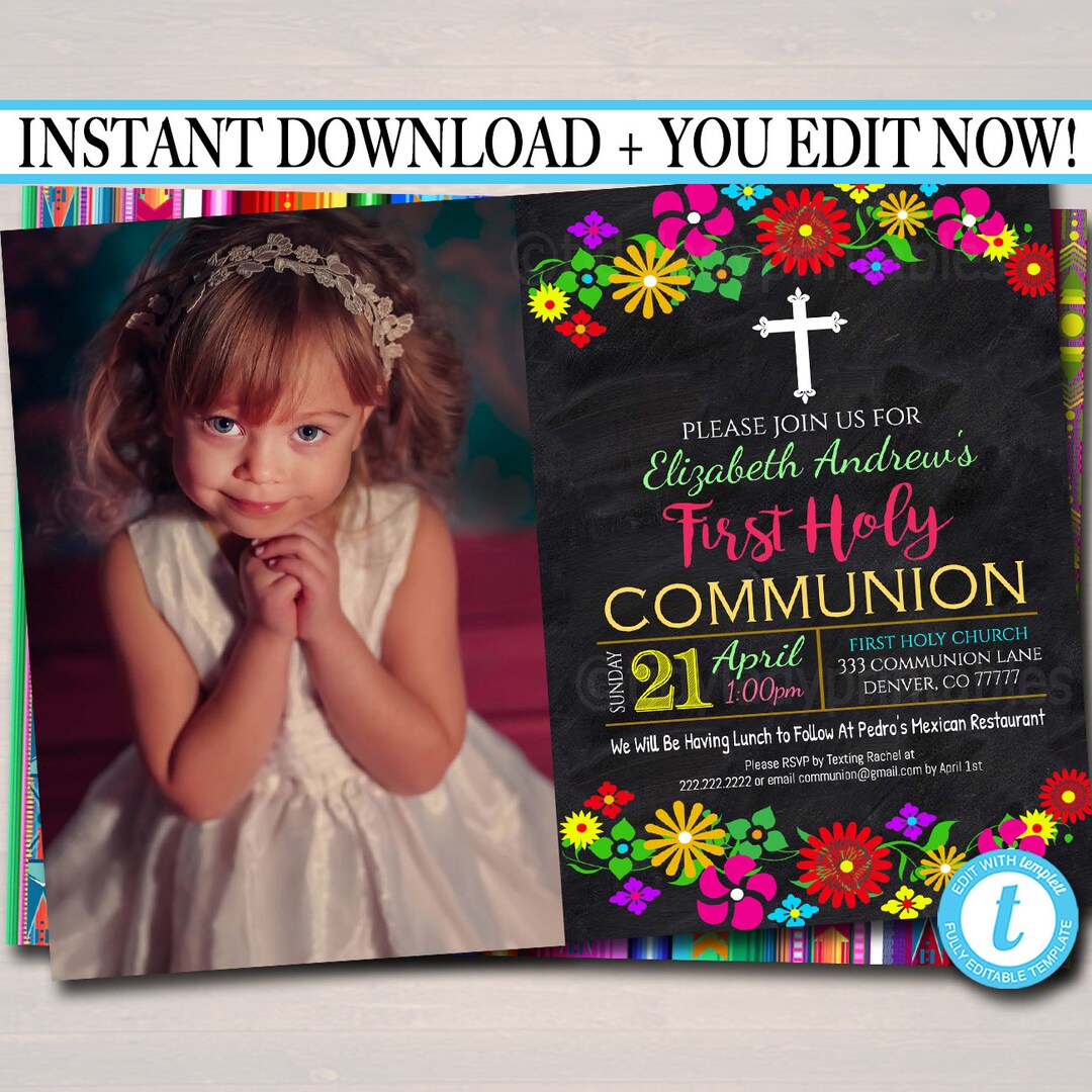 Editable First Communion Invitation: Mexican Fiesta, Cross (instant ...
