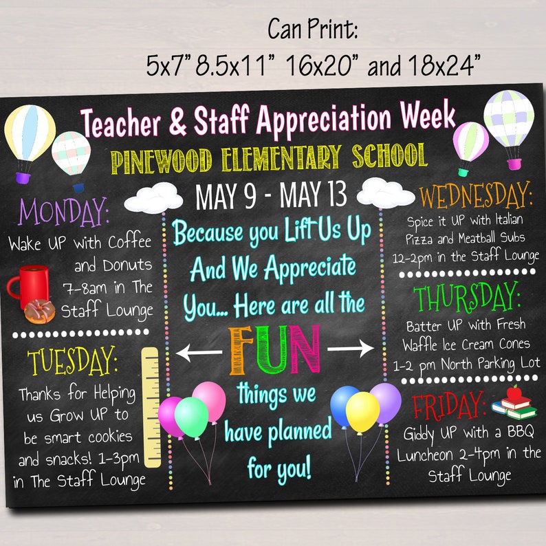 Editable Lift Us up Theme Teacher Appreciation Week Itinerary Poster ...