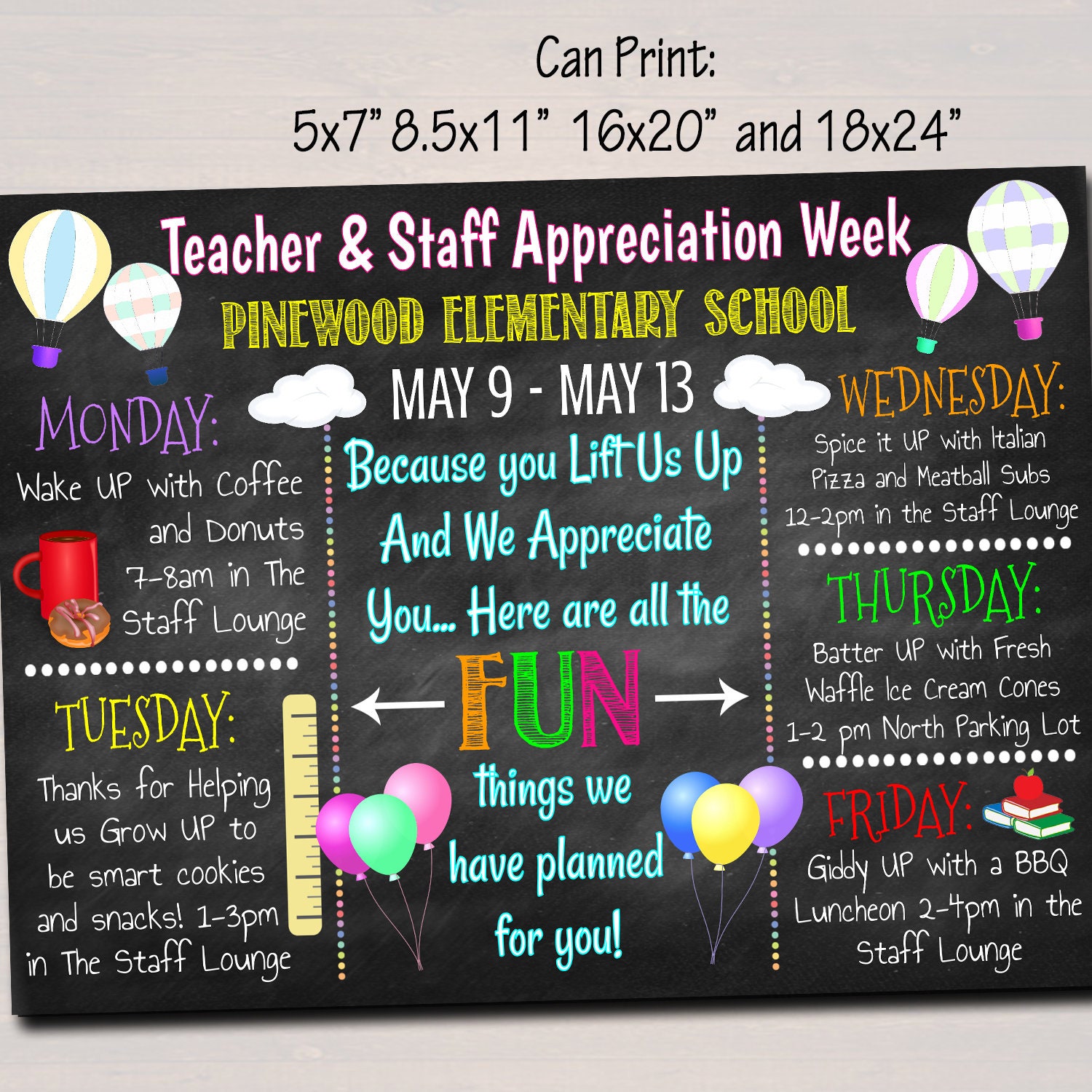 Editable Lift Us up Theme Teacher Appreciation Week Itinerary Poster ...