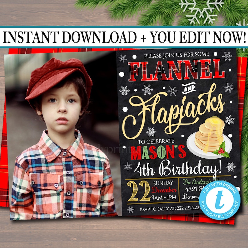 EDITABLE Flannel and Flapjacks Birthday Invite Pancakes and | Etsy