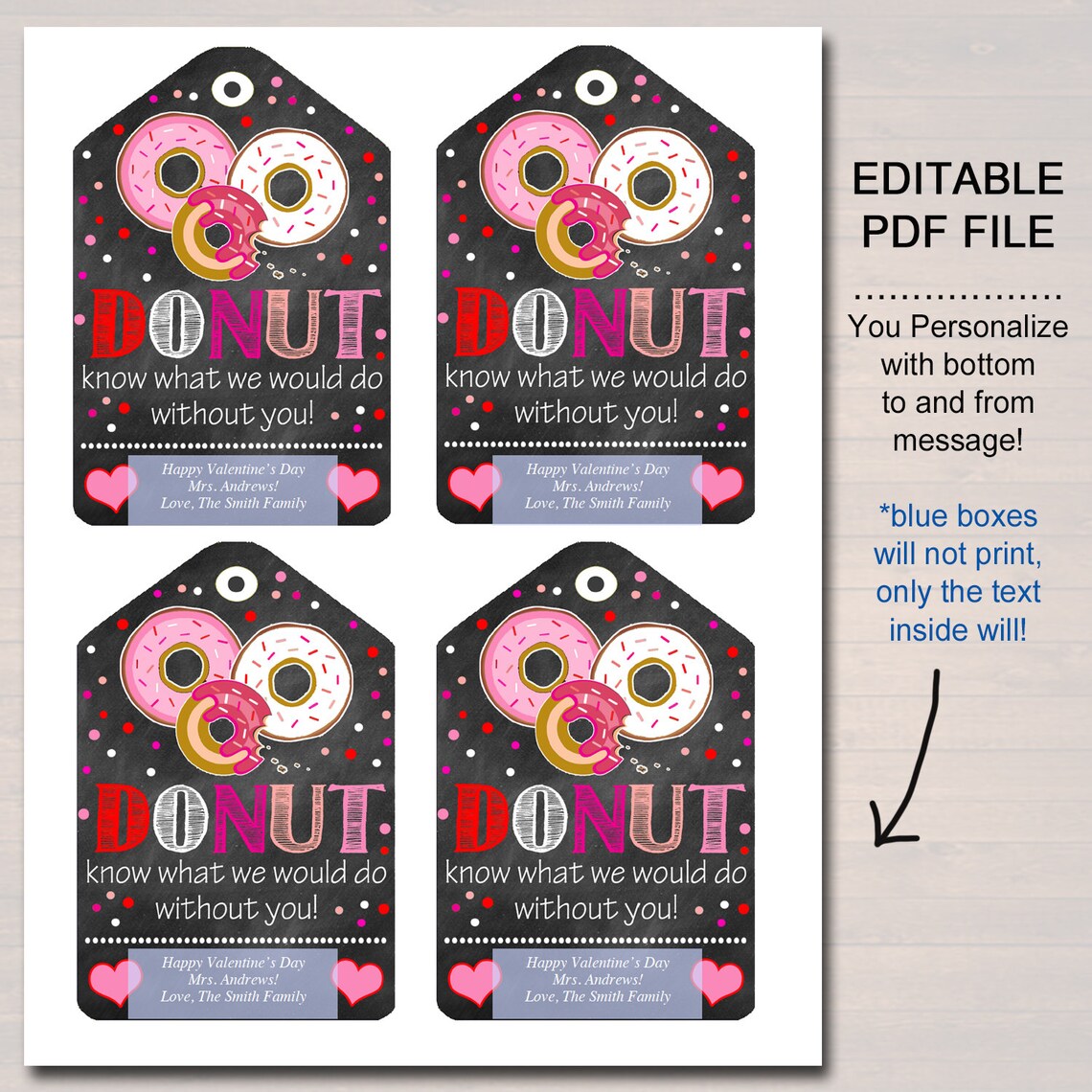 EDITABLE Valentine's Day Donut Gift Tags Staff Teacher | Etsy