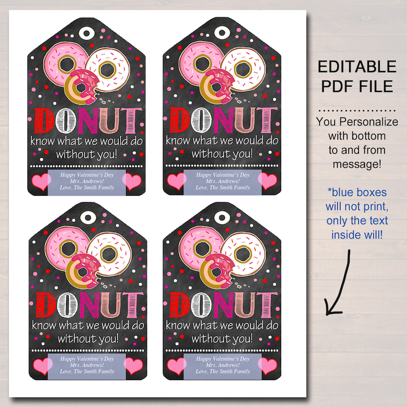 EDITABLE Valentine's Day Donut Gift Tags Staff Teacher - Etsy