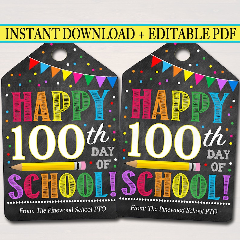 Happy 100th Day of School Gift Tags School pto pta Printable | Etsy