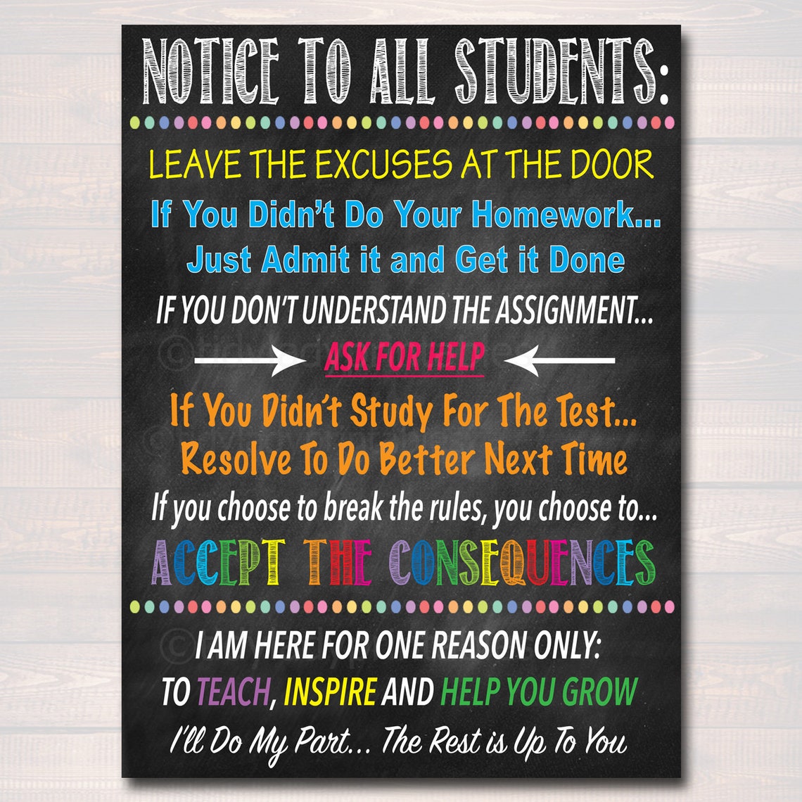 Classroom Rules Poster: Notice to Students, No Excuses (digital ...