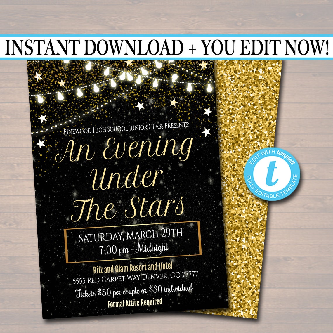 EDITABLE Prom Dance Invitation. Starry Night Gold Glitter an - Etsy