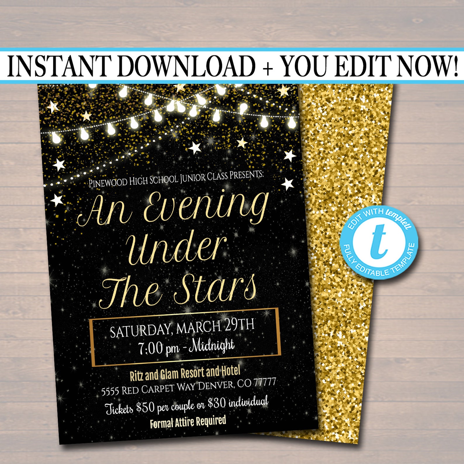 EDITABLE Prom Dance Invitation. Starry Night Gold Glitter an - Etsy
