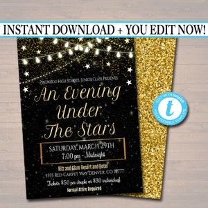 EDITABLE Prom Dance Invitation. Starry Night, Gold Glitter an Evening ...