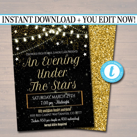 EDITABLE Prom Dance Invitation. Starry Night, Gold Glitter An Evening Under The Stars High ...