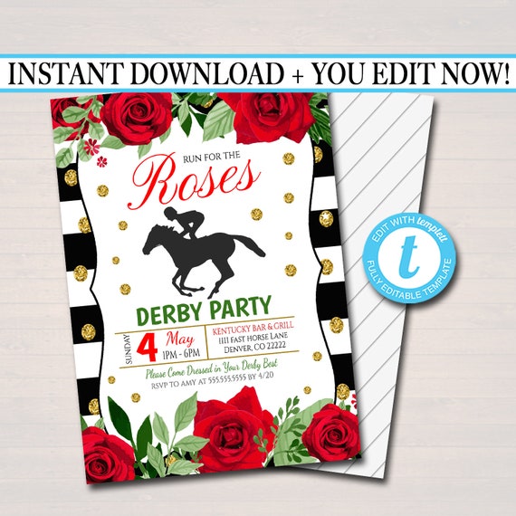Editable Derby Party Invitation, Red Roses, Bridal Shower Invite ...