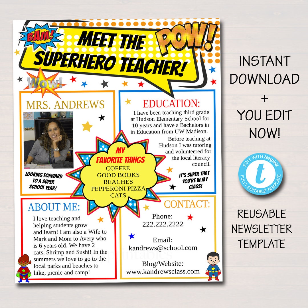 Meet the Teacher Superhero Theme Classroom Newsletter Flyer, Printable ...