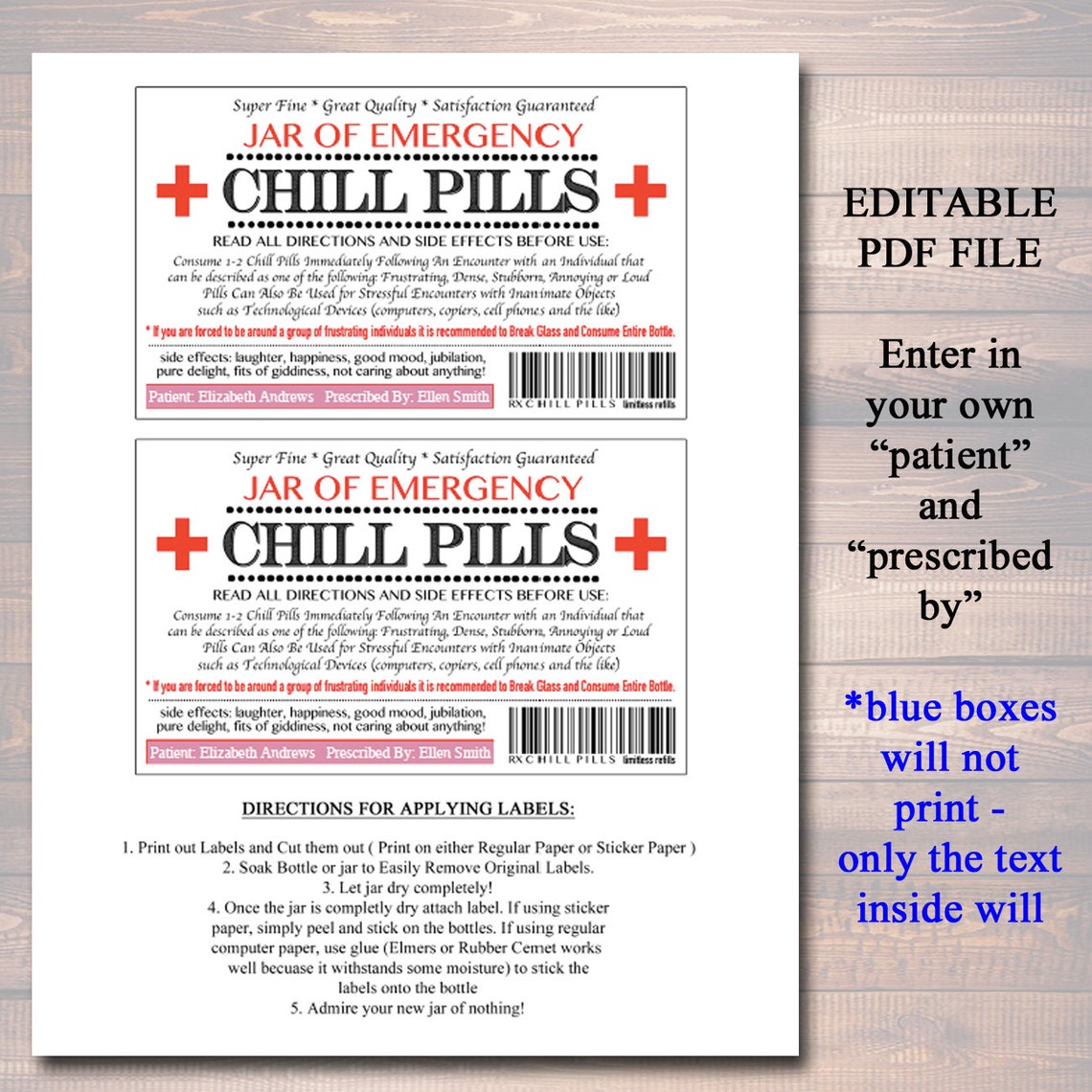 Editable Chill Pills Label: Funny Gag Gift (printable Label) - Etsy