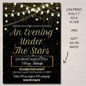 EDITABLE Prom Dance Invitation. Starry Night, Gold Glitter an Evening ...