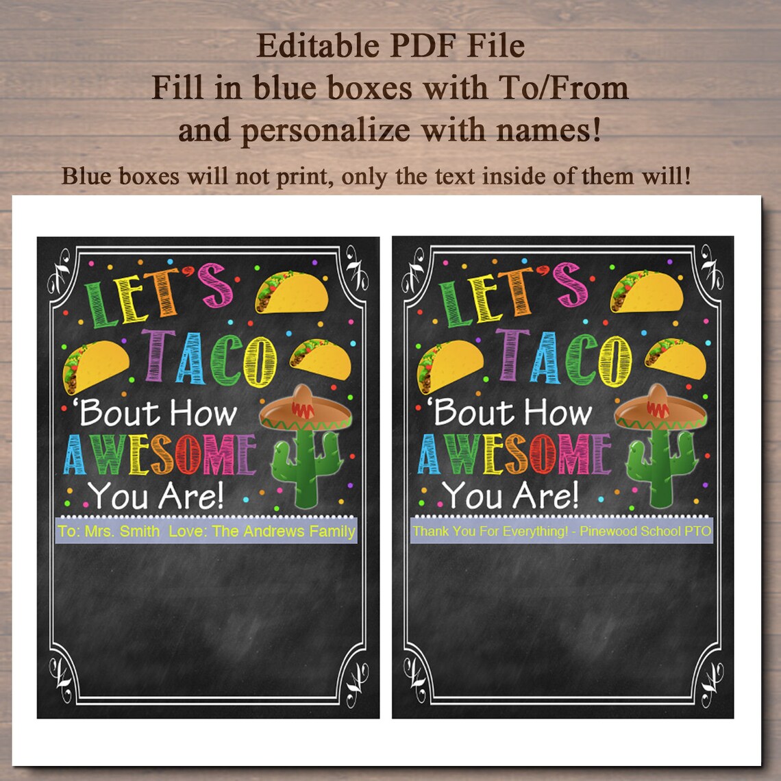 EDITABLE Fiesta Gift Card Holder Teacher Gift Staff Taco - Etsy