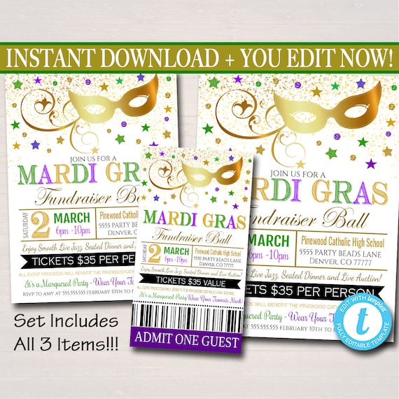 EDITABLE Mardi Gras Invitation Flyer, Masquerade Ball Formal Invite ...