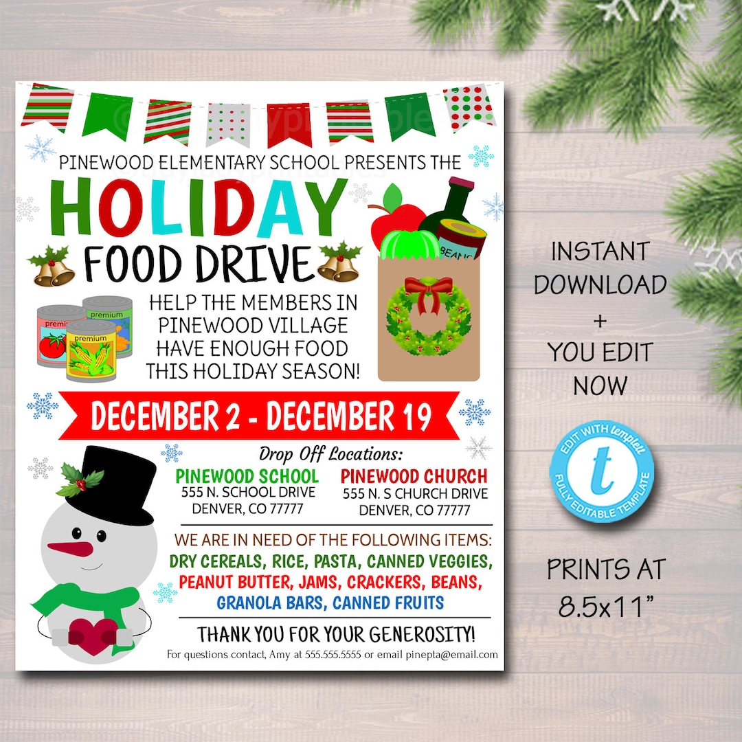 Holiday Food Drive Flyer, Christmas Printable PTA PTO Flyer, School ...