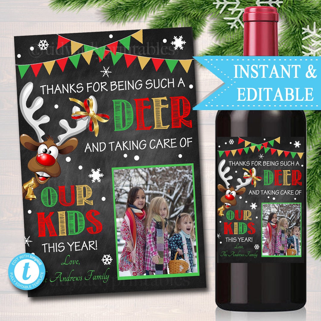EDITABLE Christmas Teacher Gift Wine Label, Babysitter, Caregiver ...