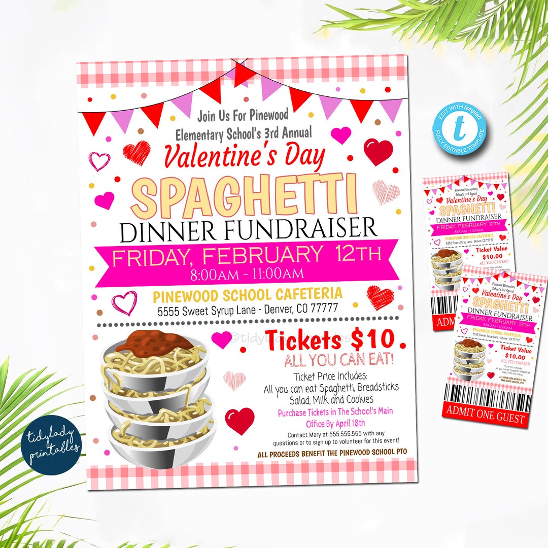 Valentine's Day Spaghetti Dinner Fundraiser Flyer Ticket Set (EDITABLE ...