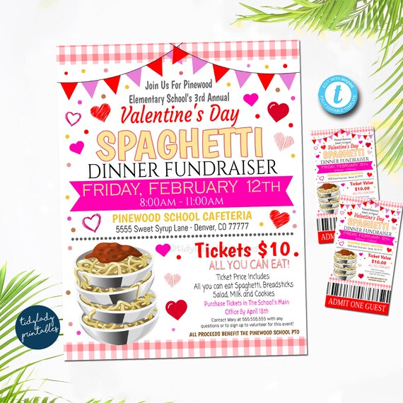 EDITABLE Valentine's Day Spaghetti Dinner Fundraiser Flyer Ticket Set ...