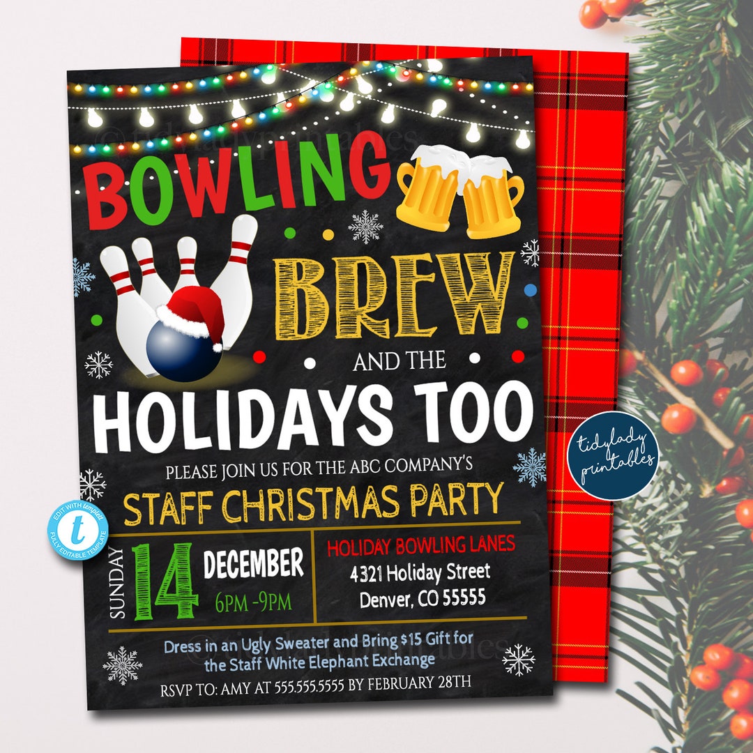 EDITABLE Holiday Bowling Party Invitation, Christmas Invitation, DIY ...