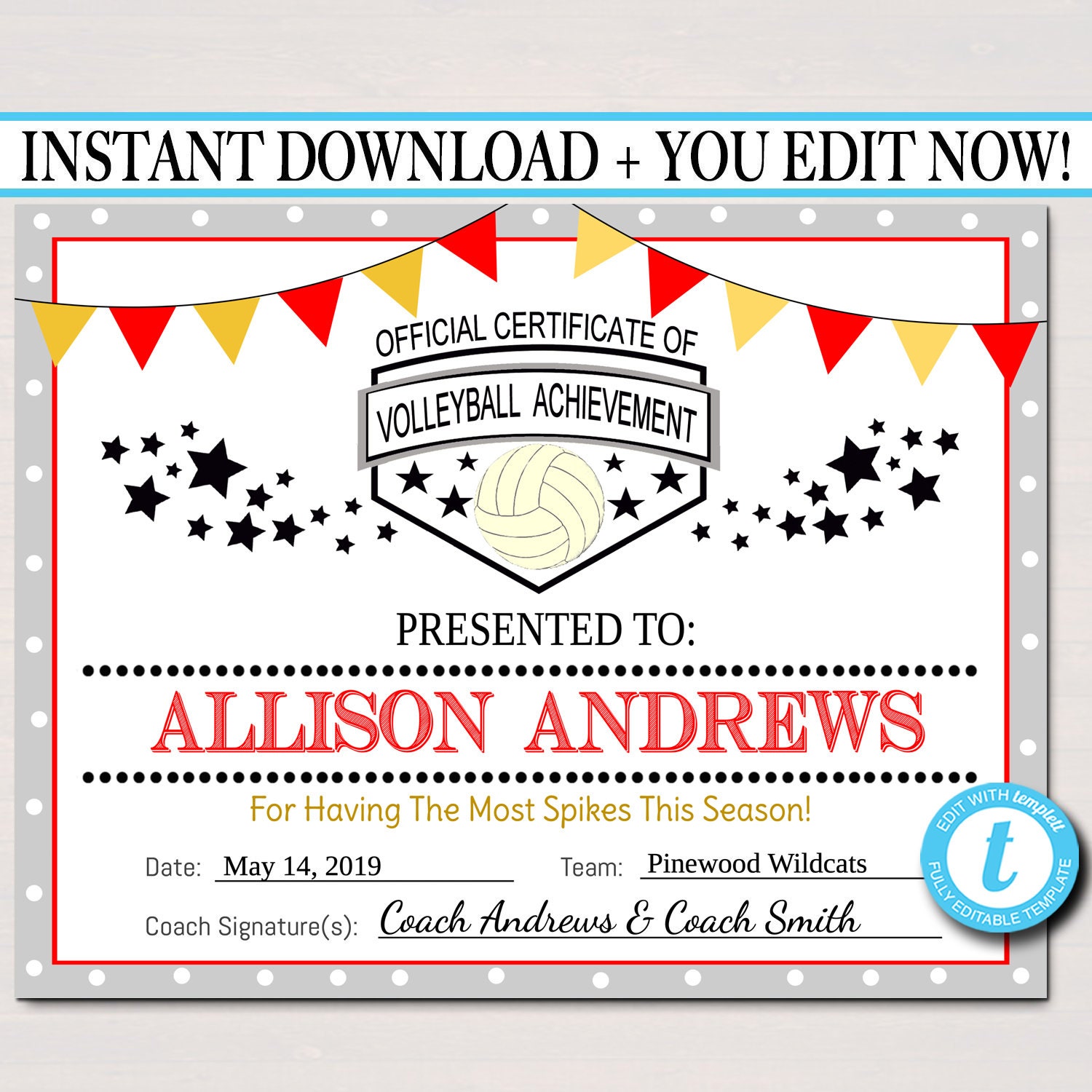 EDITABLE Volleyball Certificates INSTANT DOWNLOAD Volleyball | Etsy