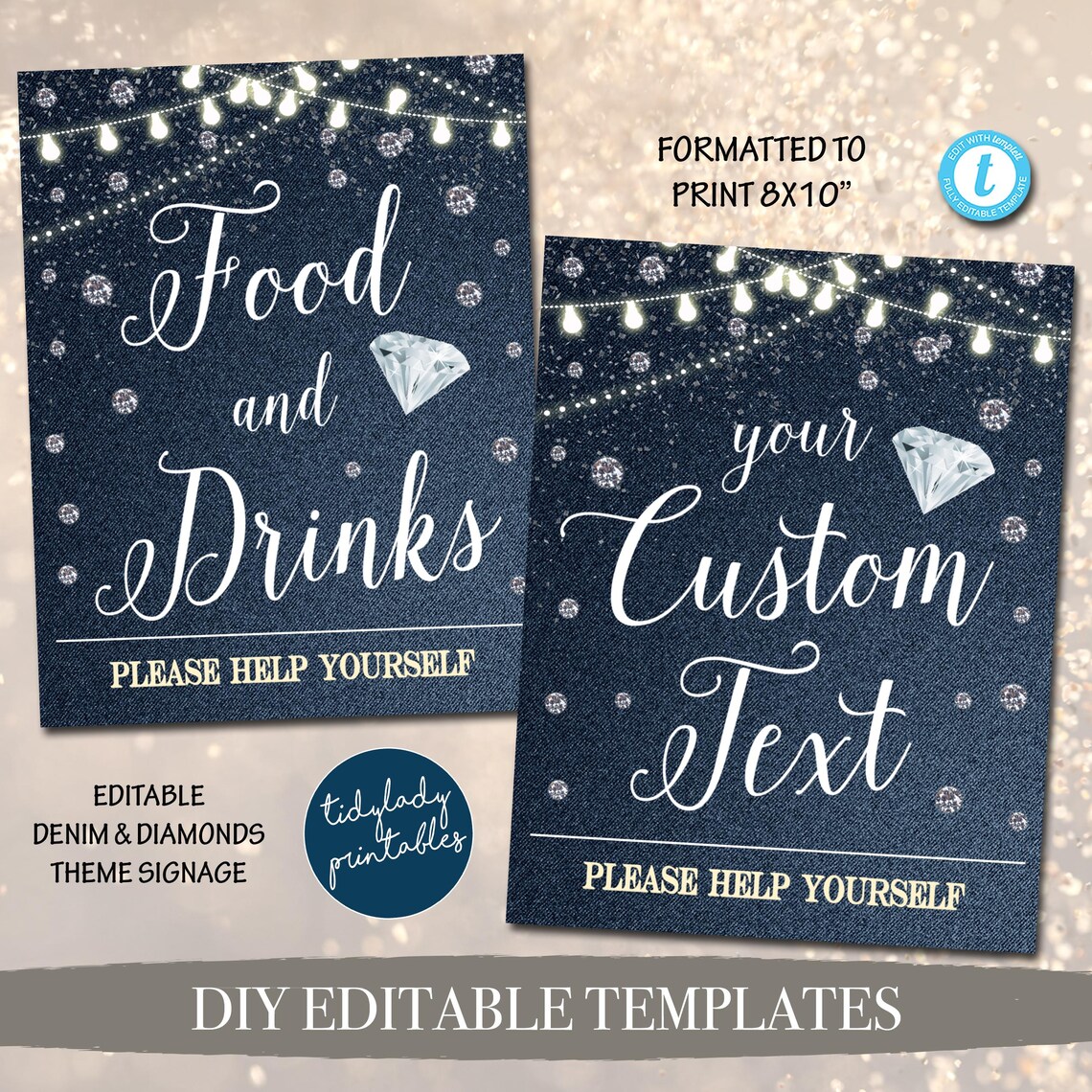 Denim and Diamonds Party Sign Template: Editable Gala Decor (8x10 ...