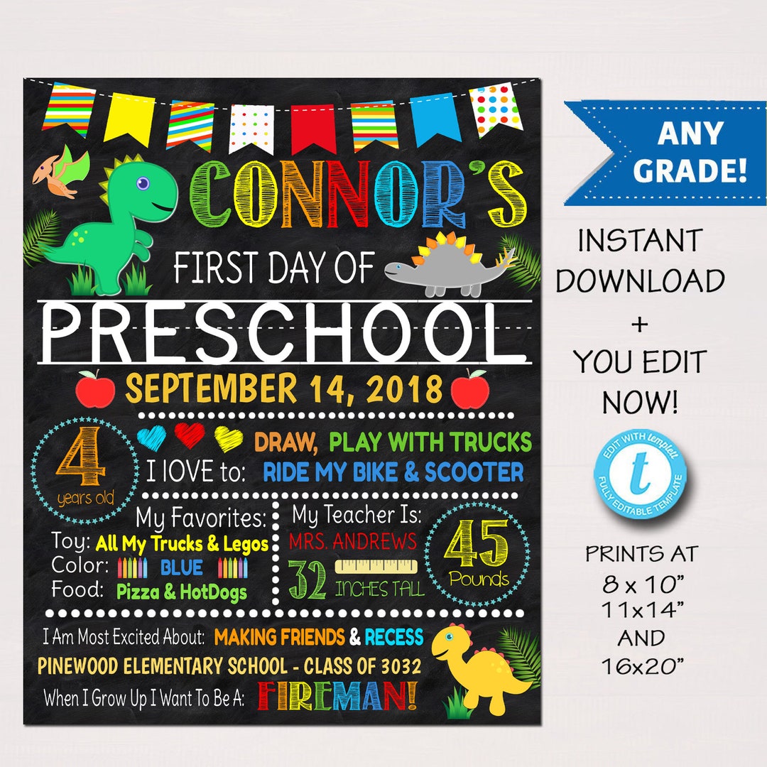 Dinosaur First Day of School Sign: Editable Chalkboard Poster (digital ...