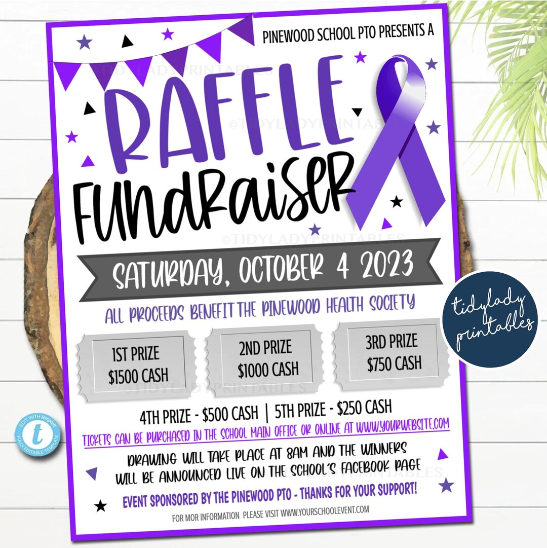 Purple Ribbon Raffle Fundraiser Flyer, Editable Raffle Fundraiser ...