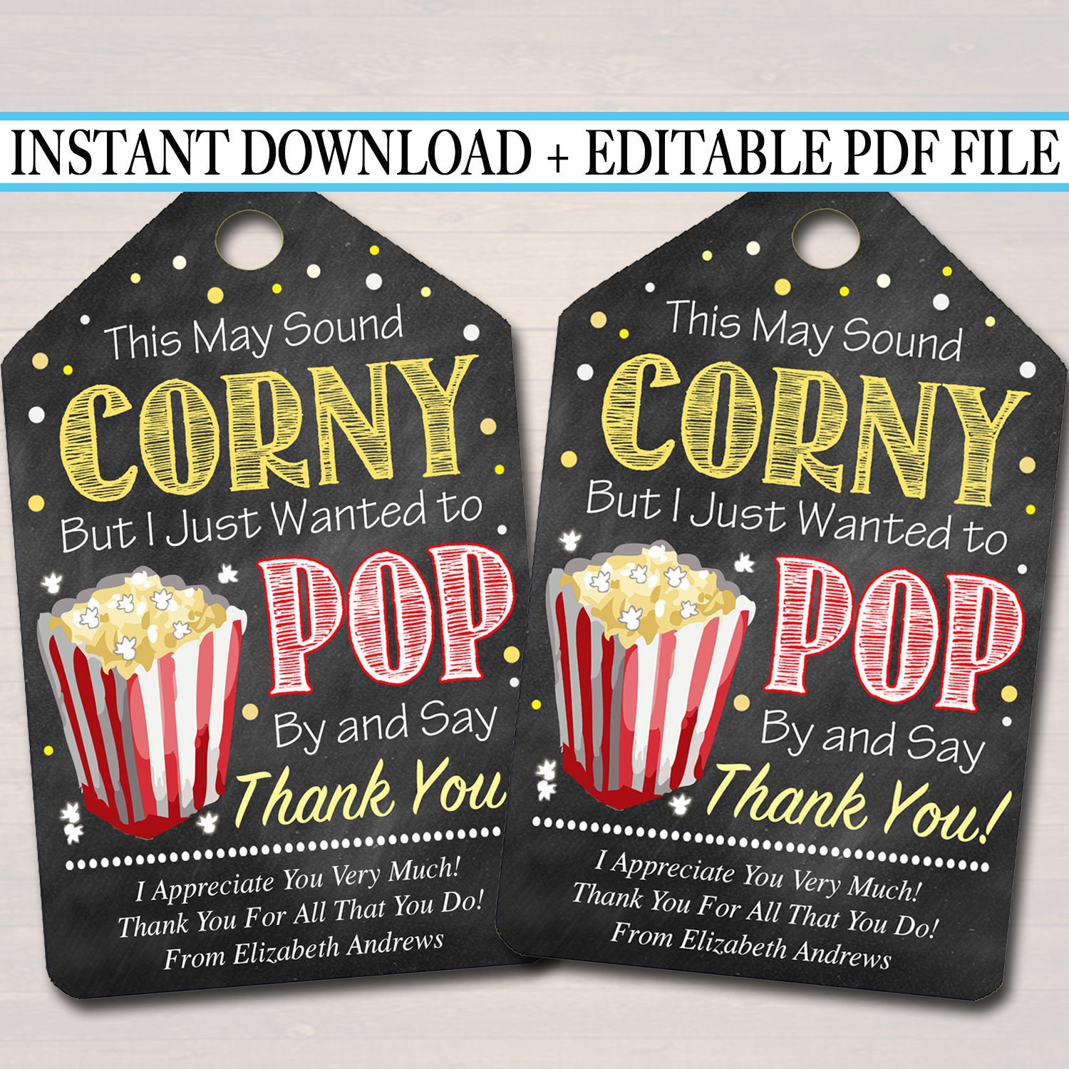 EDITABLE Popcorn Thank You Tags Teacher Appreciation Treat | Etsy