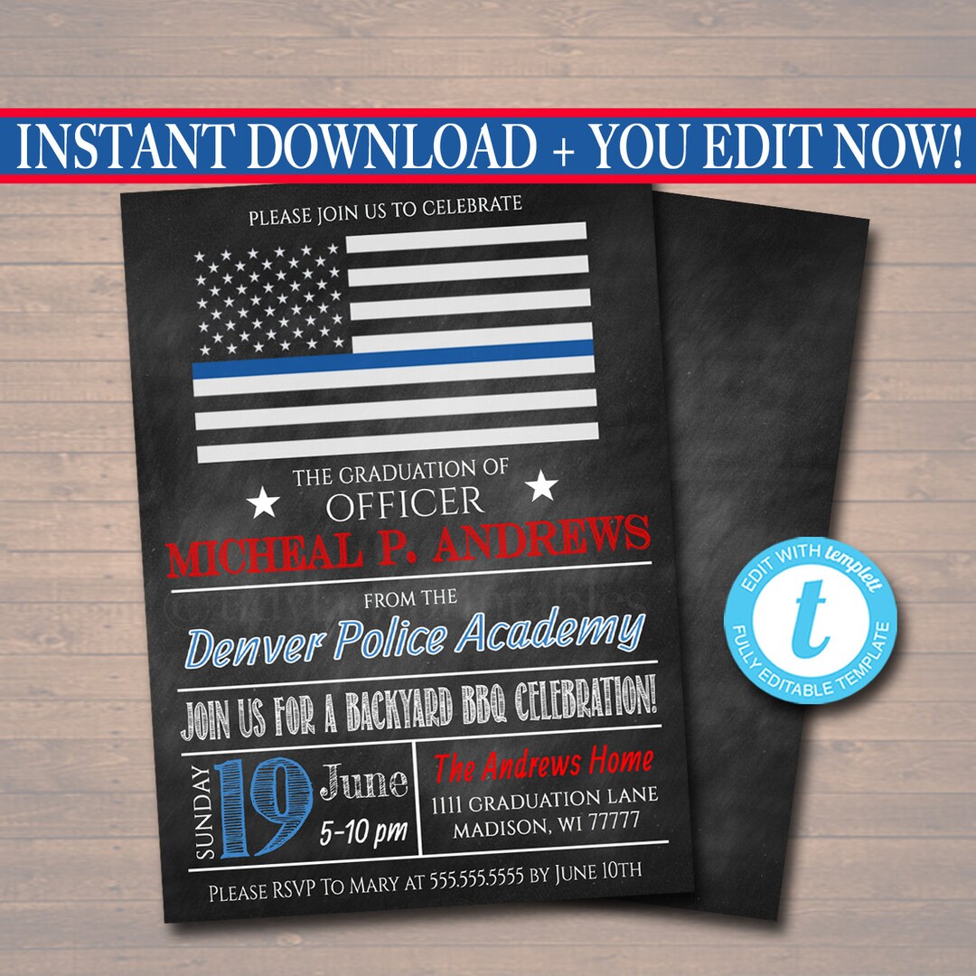 Police Academy Graduation Invitation: Chalkboard Style (editable ...