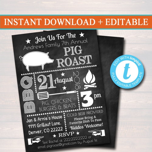 Editable Pig Roast Party Invitation Hog Roast Family Reunion - Etsy