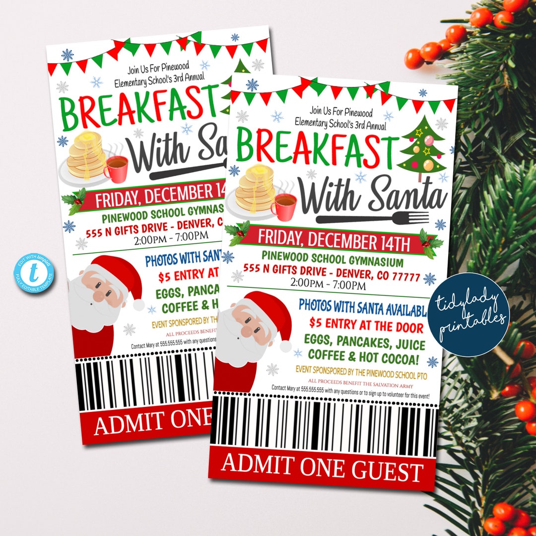 Breakfast With Santa Ticket Invitation: Christmas Party Printable ...