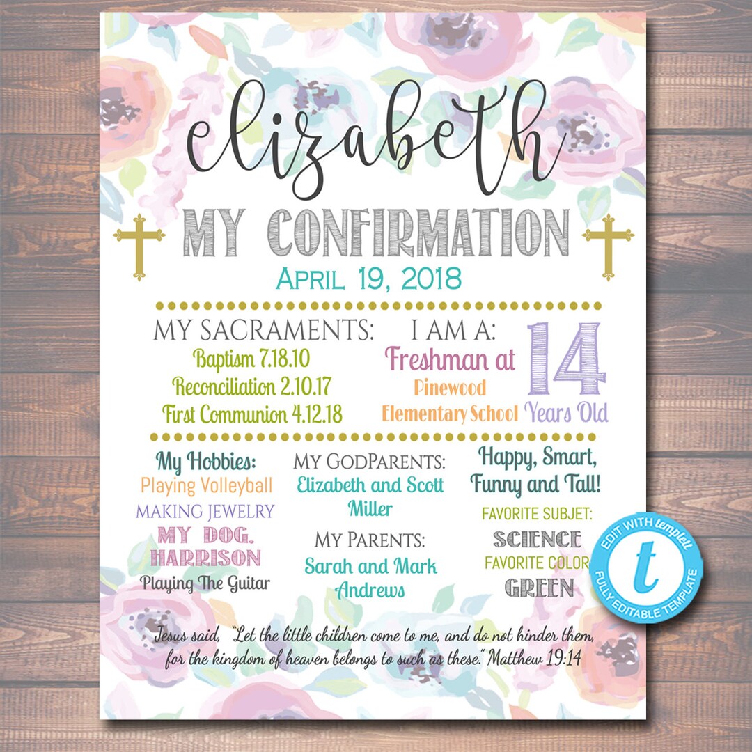 EDITABLE Confirmation Floral Poster, Religous Christian Sacrament Party ...