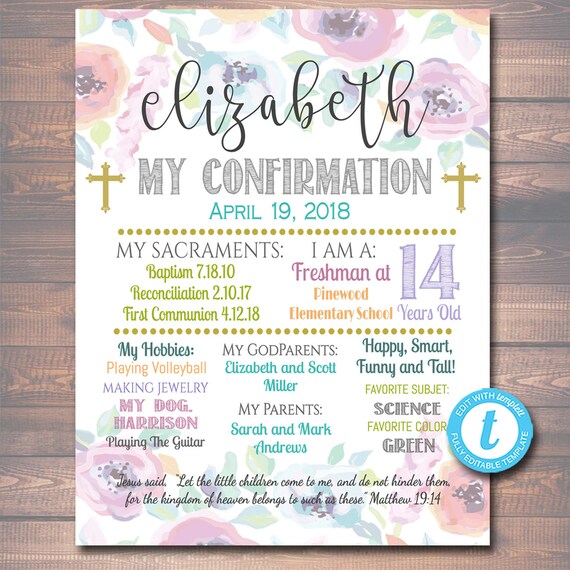 EDITABLE Confirmation Floral Poster, Religous Christian Sacrament Party ...