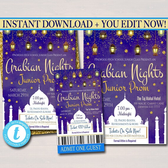 EDITABLE Prom Set, Dance Flyer Invitation Ticket, Arabian Nights Theme ...