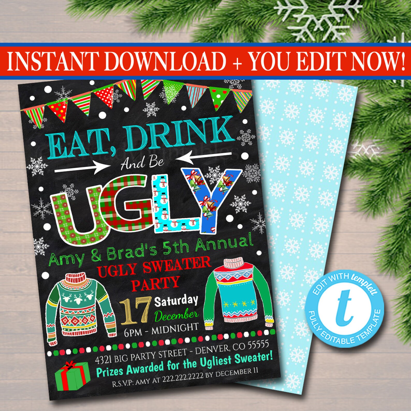 EDITABLE Ugly Sweater Party Invitation Christmas Party | Etsy