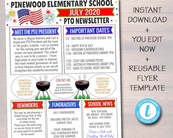 July PTO PTA Newsletter Flyer Editable Template, Summer 4th of July ...