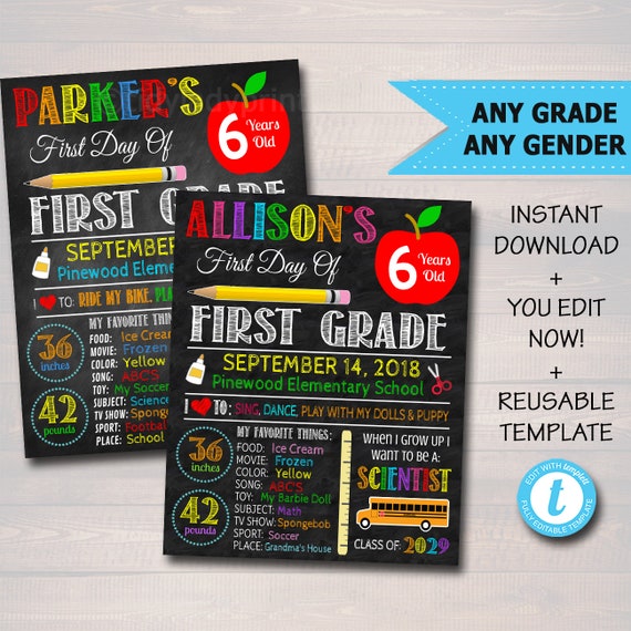 First Day Of School Sign, Back to School Chalkboard Poster Personalized ...